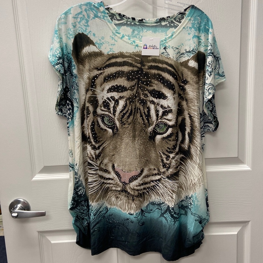 Tiger Face Blouse Teal With Rhinestones. - Gem